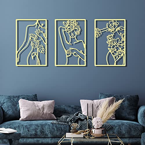 CHENGU 3 Pieces Metal Minimalist Abstract Woman Wall Art Line Drawing Wall Art Decor Single Line Female Home Hanging Wall Art Decor for Kitchen Bathroom Living Room (Gold, Simple Style)