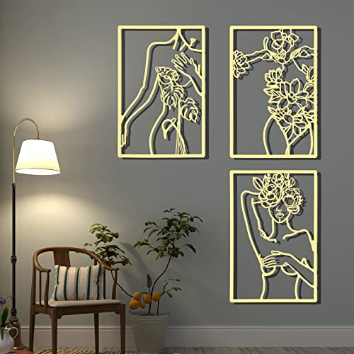 CHENGU 3 Pieces Metal Minimalist Abstract Woman Wall Art Line Drawing Wall Art Decor Single Line Female Home Hanging Wall Art Decor for Kitchen Bathroom Living Room (Gold, Simple Style)