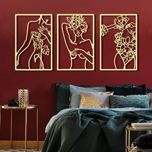 CHENGU 3 Pieces Metal Minimalist Abstract Woman Wall Art Line Drawing Wall Art Decor Single Line Female Home Hanging Wall Art Decor for Kitchen Bathroom Living Room (Gold, Simple Style)