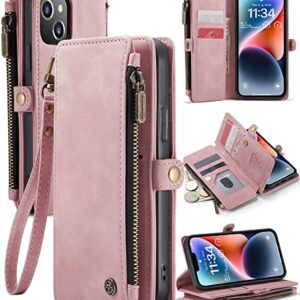 Defencase for iPhone 14 Case, iPhone 14 Wallet Case for Women Men, Durable PU Leather Magnetic Buckle Flip Strap Wristlet Zipper Card Holder Wallet Phone Cases for iPhone 14 [6.1-inch], Rose Pink