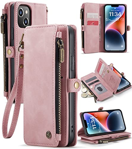 Defencase for iPhone 14 Case, iPhone 14 Wallet Case for Women Men, Durable PU Leather Magnetic Buckle Flip Strap Wristlet Zipper Card Holder Wallet Phone Cases for iPhone 14 [6.1-inch], Rose Pink