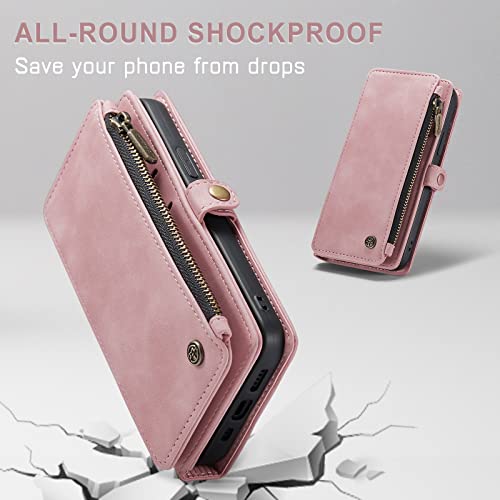 Defencase for iPhone 14 Case, iPhone 14 Wallet Case for Women Men, Durable PU Leather Magnetic Buckle Flip Strap Wristlet Zipper Card Holder Wallet Phone Cases for iPhone 14 [6.1-inch], Rose Pink