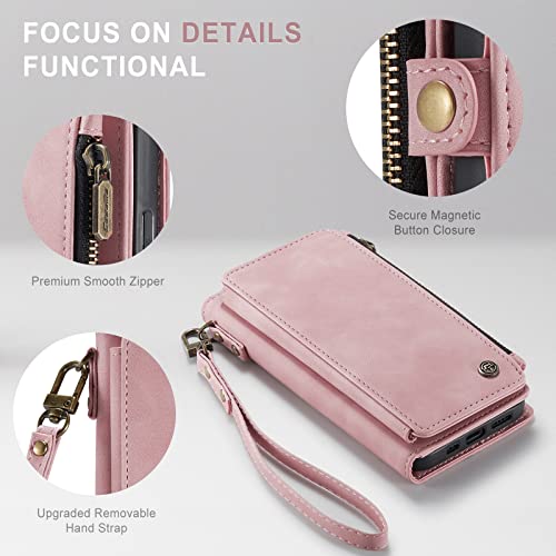 Defencase for iPhone 14 Case, iPhone 14 Wallet Case for Women Men, Durable PU Leather Magnetic Buckle Flip Strap Wristlet Zipper Card Holder Wallet Phone Cases for iPhone 14 [6.1-inch], Rose Pink