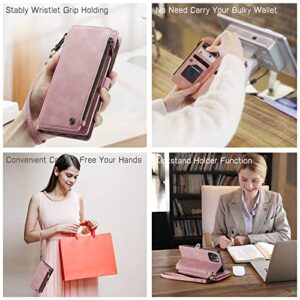 Defencase for iPhone 14 Case, iPhone 14 Wallet Case for Women Men, Durable PU Leather Magnetic Buckle Flip Strap Wristlet Zipper Card Holder Wallet Phone Cases for iPhone 14 [6.1-inch], Rose Pink