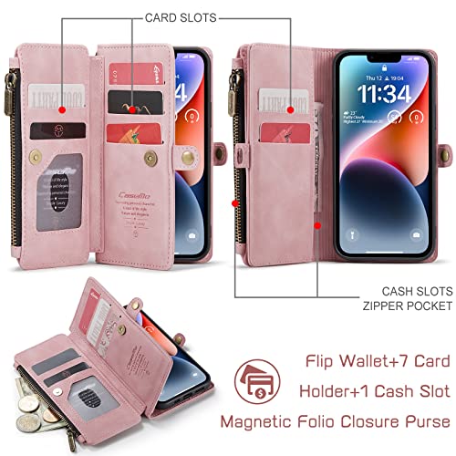 Defencase for iPhone 14 Case, iPhone 14 Wallet Case for Women Men, Durable PU Leather Magnetic Buckle Flip Strap Wristlet Zipper Card Holder Wallet Phone Cases for iPhone 14 [6.1-inch], Rose Pink