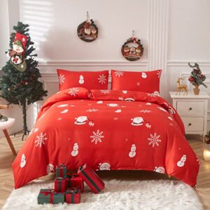 lamejor christmas red duvet cover set queen size soft holiday decor, christmas theme santa claus/snowmen/snowflakes pattern, 1 duvet cover and 2 pillow cases