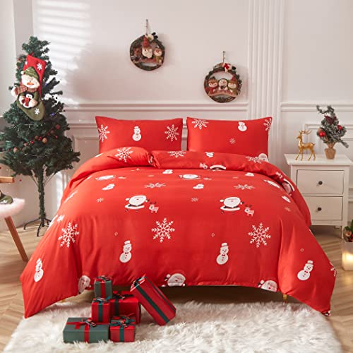 LAMEJOR Christmas Red Duvet Cover Set Queen Size Soft Holiday Decor, Christmas Theme Santa Claus/Snowmen/Snowflakes Pattern, 1 Duvet Cover and 2 Pillow Cases