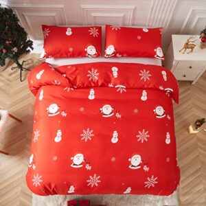 LAMEJOR Christmas Red Duvet Cover Set Queen Size Soft Holiday Decor, Christmas Theme Santa Claus/Snowmen/Snowflakes Pattern, 1 Duvet Cover and 2 Pillow Cases