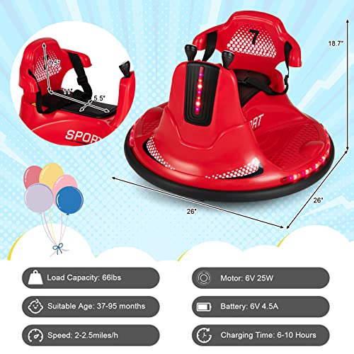 Costzon Bumper Car, Battery Powered Electric Vehicle w/Remote Control, Safety Belt, Music, Flashing Lights, Joysticks, 360 Degree Spin, 2 Driving Modes, Gift for Boy Girl, Ride on Car (Red)