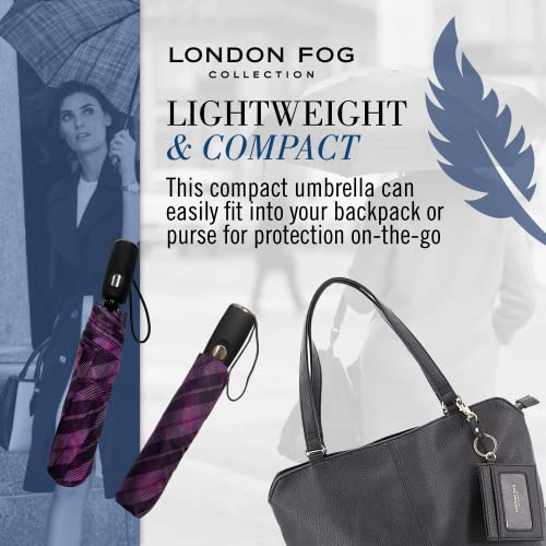 LONDON FOG Mini Rain Umbrella, Automatic Folding Umbrella, Windproof, Lightweight and Packable for Travel, Full 42 Inch Arc, Purple Tartan