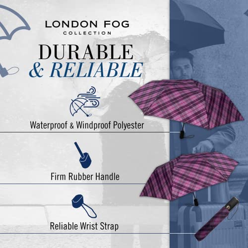 LONDON FOG Mini Rain Umbrella, Automatic Folding Umbrella, Windproof, Lightweight and Packable for Travel, Full 42 Inch Arc, Purple Tartan