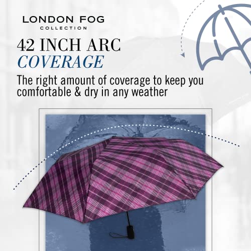 LONDON FOG Mini Rain Umbrella, Automatic Folding Umbrella, Windproof, Lightweight and Packable for Travel, Full 42 Inch Arc, Purple Tartan