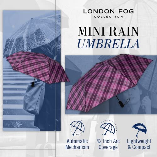 LONDON FOG Mini Rain Umbrella, Automatic Folding Umbrella, Windproof, Lightweight and Packable for Travel, Full 42 Inch Arc, Purple Tartan