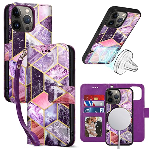 CASEOWL Compatible for iPhone 14 Pro Wallet Case [Support Magsafe Charger] 2 in 1 Magnetic Detachable [RFID Blocking] Marble Pattern Flip Leather Wallet Case with Card Holder, Strap for Women (Purple)