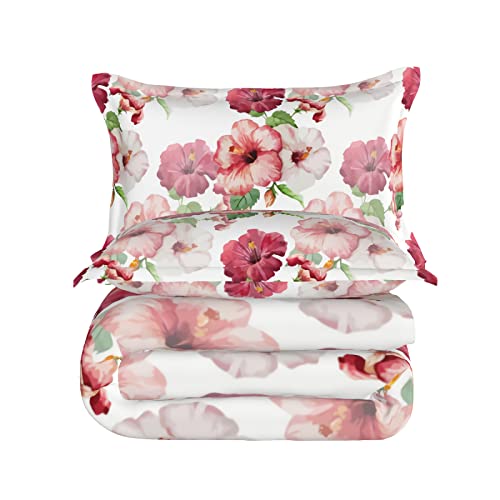 DamnGud Flowers Bedding Set Pink Flowers Duvet Cover Red Flowers Comforter Cover Full Size Quilt with 2 Pillowcases Soft Microfiber (no Comforter)