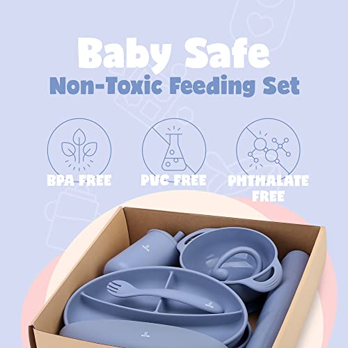 Juvitek Baby Silicone Set, Baby Feeding Set, Toddler Plates and Bowls Set with Baby Spoon, Fork, Mat and Cup, Comes with Anti-Slip Suction Base and Adjustable Bib, 3 Months and Up, Blue, Set of 8