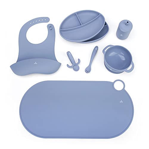 Juvitek Baby Silicone Set, Baby Feeding Set, Toddler Plates and Bowls Set with Baby Spoon, Fork, Mat and Cup, Comes with Anti-Slip Suction Base and Adjustable Bib, 3 Months and Up, Blue, Set of 8