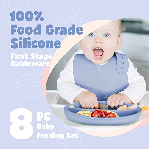 Juvitek Baby Silicone Set, Baby Feeding Set, Toddler Plates and Bowls Set with Baby Spoon, Fork, Mat and Cup, Comes with Anti-Slip Suction Base and Adjustable Bib, 3 Months and Up, Blue, Set of 8