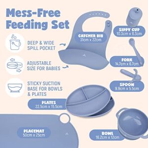 Juvitek Baby Silicone Set, Baby Feeding Set, Toddler Plates and Bowls Set with Baby Spoon, Fork, Mat and Cup, Comes with Anti-Slip Suction Base and Adjustable Bib, 3 Months and Up, Blue, Set of 8