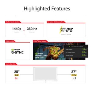 ASUS ROG Swift 360Hz 27” 1440P HDR Gaming Monitor (PG27AQN) - QHD (2560 x 1440), Fast IPS, 1ms, G-SYNC, Eye Care, HDMI, DisplayPort, USB, Ergonomic Design, VESA Wall Mountable, HDR10, DisplayHDR600