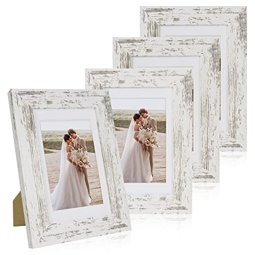 Hongkee 4x6 Picture Frame Set of 4, with Real Glass and Distressed White Wood Frame, Multi 4 by 6 Picture Frame for Wall or Tabletop Display, Display Picture 3.5x5 with Mat or 4x6 Without Mat