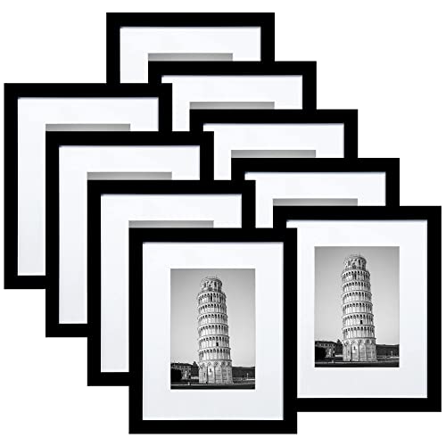 Wiscet 8x10 Picture Frame Set of 9, Display Pictures 5x7 with Mat or 8 x 10 Without Mat, Photo Frame for Wall Mounting or Tabletop Display, Black