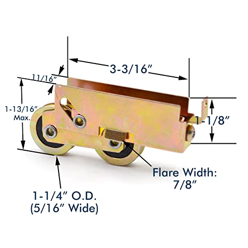 Sliding Patio Door Rollers Replacement for Aluminum Glass Doors, F-Tab Mount, 1-1/4" Steel Ball Bearing, Rear Adjustable, Yellow Zinc Plated, 2 Pack