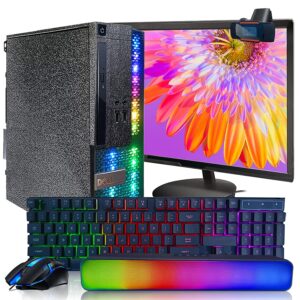 dell pc black treasure box rgb desktop quad core i5 up to 3.6g, 16g, 512g ssd, wifi, bt, rgb keyboard & mouse, dvd, new 22" 1080p fhd led, rgb sound bar, webcam, win 10 pro(renewed)