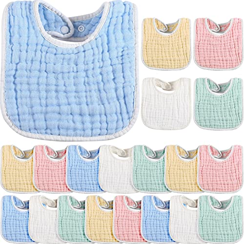 24 Pcs Muslin Baby Drool Bibs Adjustable Muslin Bibs Soft Snap Baby Bibs 9 Absorbent Layers Newborn Bibs Waterproof Teething Bibs for Baby Girl Boy Feeding Eating Teething, 5 Colors