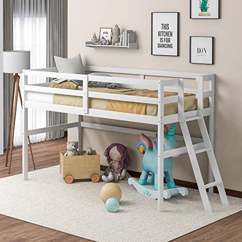 Tmosi Low Loft Bed Twin,Solid Wood Kids Twin Bed Frame with Ladders and Guard Rails,Space Saving Twin Size Loft Bed for Girl Boy,No Box Spring Needed,Easy to Assembly (White)