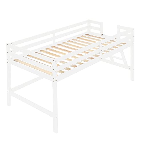 Tmosi Low Loft Bed Twin,Solid Wood Kids Twin Bed Frame with Ladders and Guard Rails,Space Saving Twin Size Loft Bed for Girl Boy,No Box Spring Needed,Easy to Assembly (White)