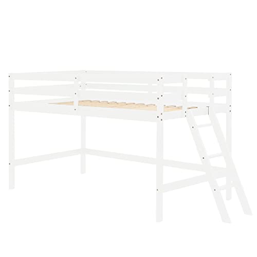 Tmosi Low Loft Bed Twin,Solid Wood Kids Twin Bed Frame with Ladders and Guard Rails,Space Saving Twin Size Loft Bed for Girl Boy,No Box Spring Needed,Easy to Assembly (White)