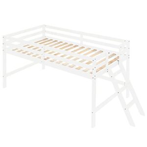 Tmosi Low Loft Bed Twin,Solid Wood Kids Twin Bed Frame with Ladders and Guard Rails,Space Saving Twin Size Loft Bed for Girl Boy,No Box Spring Needed,Easy to Assembly (White)