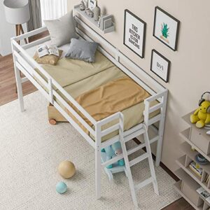 Tmosi Low Loft Bed Twin,Solid Wood Kids Twin Bed Frame with Ladders and Guard Rails,Space Saving Twin Size Loft Bed for Girl Boy,No Box Spring Needed,Easy to Assembly (White)