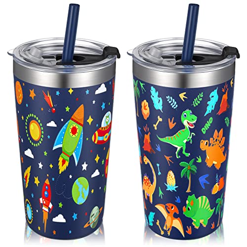 2 Pcs Kids Cups with Straw and Lid, Toddler Smoothie Cup Spill Proof Vacuum Stainless Steel Insulated Tumbler for Boys, Powder Coated Baby Child Cup + BPA Free Lids + Silicone Straws (12 Oz, Cute)