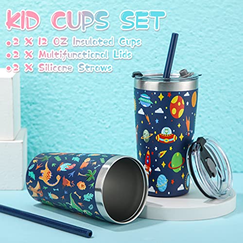 2 Pcs Kids Cups with Straw and Lid, Toddler Smoothie Cup Spill Proof Vacuum Stainless Steel Insulated Tumbler for Boys, Powder Coated Baby Child Cup + BPA Free Lids + Silicone Straws (12 Oz, Cute)