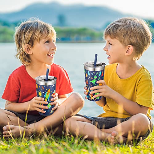 2 Pcs Kids Cups with Straw and Lid, Toddler Smoothie Cup Spill Proof Vacuum Stainless Steel Insulated Tumbler for Boys, Powder Coated Baby Child Cup + BPA Free Lids + Silicone Straws (12 Oz, Cute)