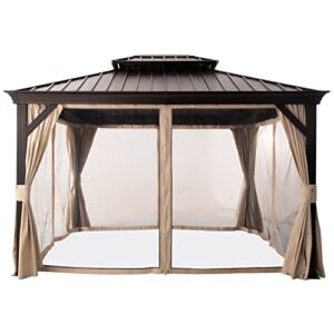 LAUSAINT HOME 10'x12' Permanent Outdoor Gazebo, Heavy Duty Metal Hardtop Double Roof Gazebos with Aluminum Frame & Enclosed Khaki Curtains and Mosquito Nettings for Lawn and Garden