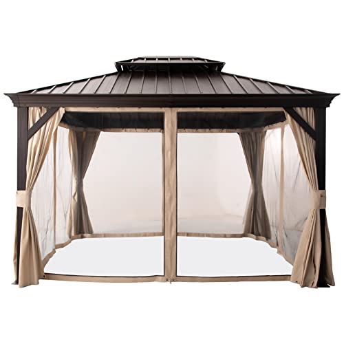 LAUSAINT HOME 10'x12' Permanent Outdoor Gazebo, Heavy Duty Metal Hardtop Double Roof Gazebos with Aluminum Frame & Enclosed Khaki Curtains and Mosquito Nettings for Lawn and Garden