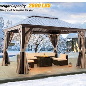 LAUSAINT HOME 10'x12' Permanent Outdoor Gazebo, Heavy Duty Metal Hardtop Double Roof Gazebos with Aluminum Frame & Enclosed Khaki Curtains and Mosquito Nettings for Lawn and Garden