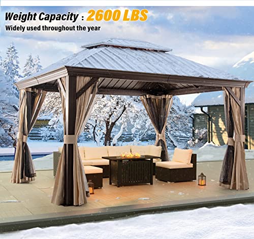 LAUSAINT HOME 10'x12' Permanent Outdoor Gazebo, Heavy Duty Metal Hardtop Double Roof Gazebos with Aluminum Frame & Enclosed Khaki Curtains and Mosquito Nettings for Lawn and Garden