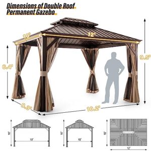 LAUSAINT HOME 10'x12' Permanent Outdoor Gazebo, Heavy Duty Metal Hardtop Double Roof Gazebos with Aluminum Frame & Enclosed Khaki Curtains and Mosquito Nettings for Lawn and Garden