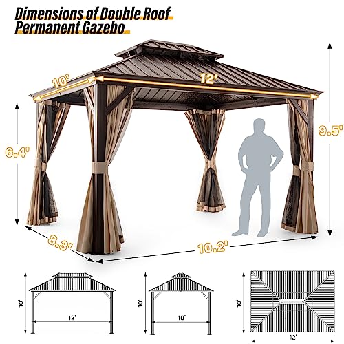 LAUSAINT HOME 10'x12' Permanent Outdoor Gazebo, Heavy Duty Metal Hardtop Double Roof Gazebos with Aluminum Frame & Enclosed Khaki Curtains and Mosquito Nettings for Lawn and Garden