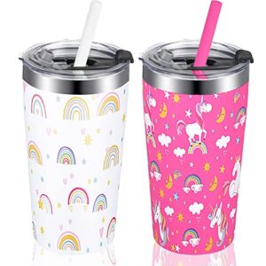 shellwei 2 pack kids cups with lids and straws toddler smoothie cup with rainbow unicorn pattern leak proof spill proof straw cups for girls stainless steel insulated tumbler for hot drink (12 oz)