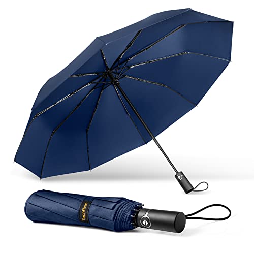 TechRise Large Windproof Umbrella, Wind Resistant Compact Travel Folding Umbrellas, Ladies Auto Open Close Strong Wind Proof Rain Proof with 10 Ribs golf umbrella collapsible for Men Women (Blue)