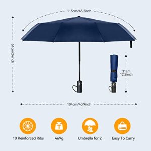 TechRise Large Windproof Umbrella, Wind Resistant Compact Travel Folding Umbrellas, Ladies Auto Open Close Strong Wind Proof Rain Proof with 10 Ribs golf umbrella collapsible for Men Women (Blue)