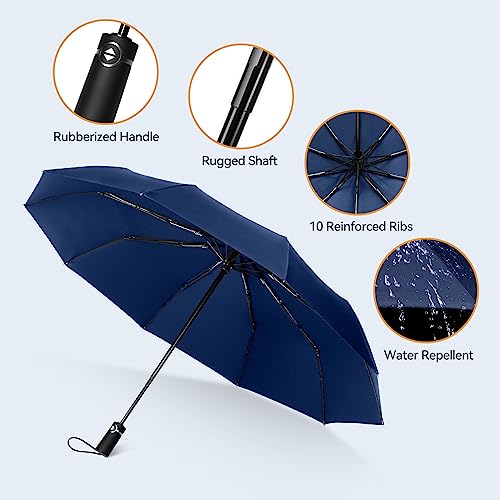 TechRise Large Windproof Umbrella, Wind Resistant Compact Travel Folding Umbrellas, Ladies Auto Open Close Strong Wind Proof Rain Proof with 10 Ribs golf umbrella collapsible for Men Women (Blue)