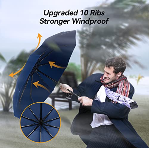 TechRise Large Windproof Umbrella, Wind Resistant Compact Travel Folding Umbrellas, Ladies Auto Open Close Strong Wind Proof Rain Proof with 10 Ribs golf umbrella collapsible for Men Women (Blue)