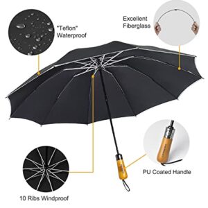 LEAGERA Sun Umbrella UV Protection Compact Windproof Reverse Umbrella for Rain - 54 inch Portable Automatic Open and Close Folding Inverted Car Travel Umbrella with Wooden Handle for Men,Black