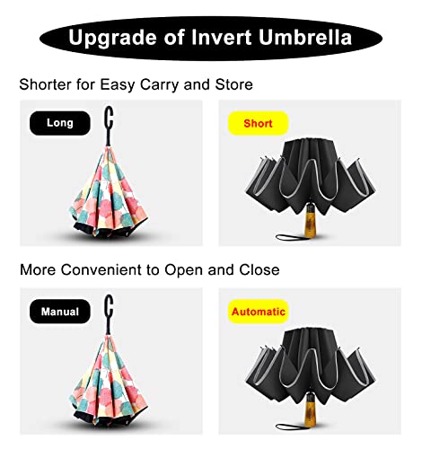 LEAGERA Sun Umbrella UV Protection Compact Windproof Reverse Umbrella for Rain - 54 inch Portable Automatic Open and Close Folding Inverted Car Travel Umbrella with Wooden Handle for Men,Black